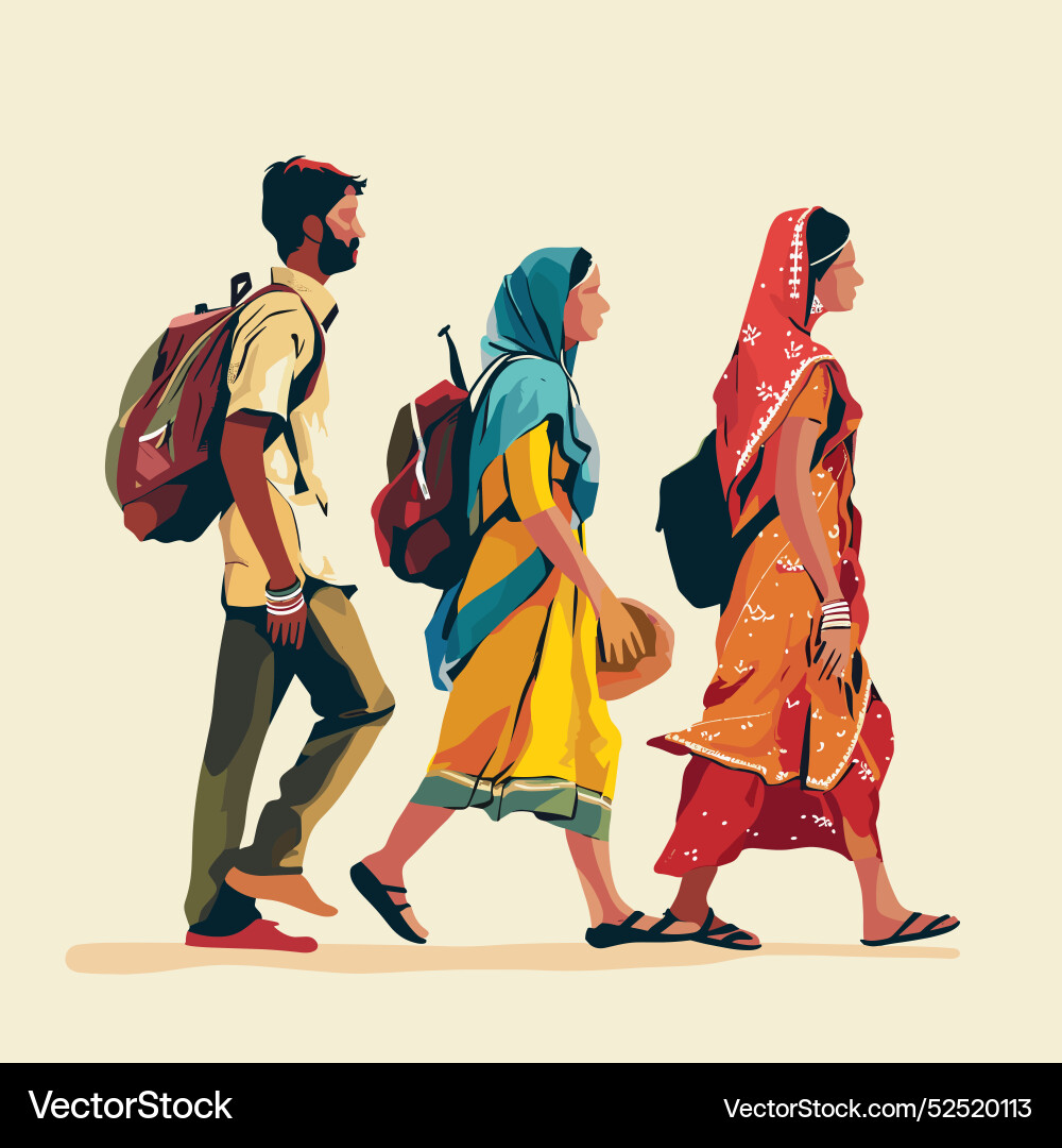 Three rural individuals walking backpacks carried Vector Image