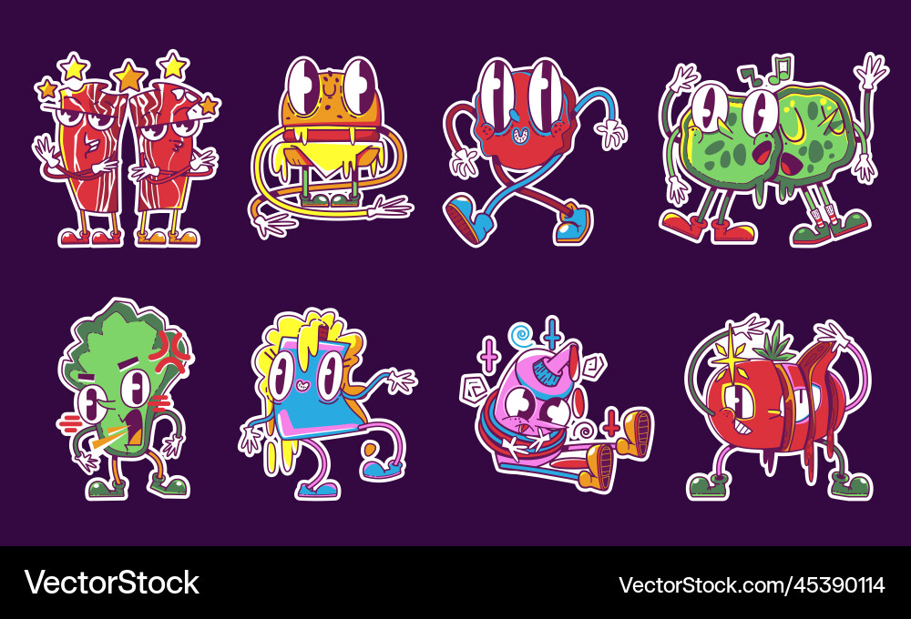Crazy food retro stickers set on background Vector Image