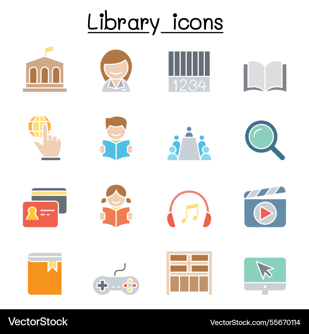 Library icon set in flat color style Royalty Free Vector