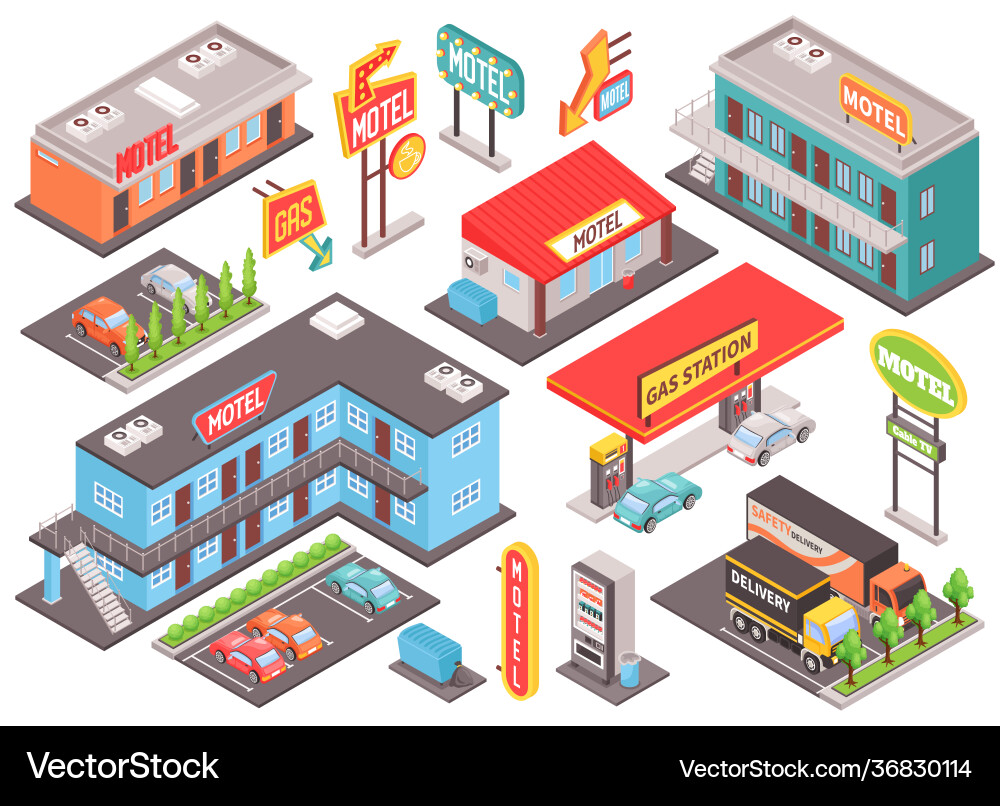 Motel color isometric set Royalty Free Vector Image