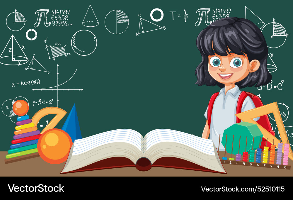 Child with math tools and open book Royalty Free Vector