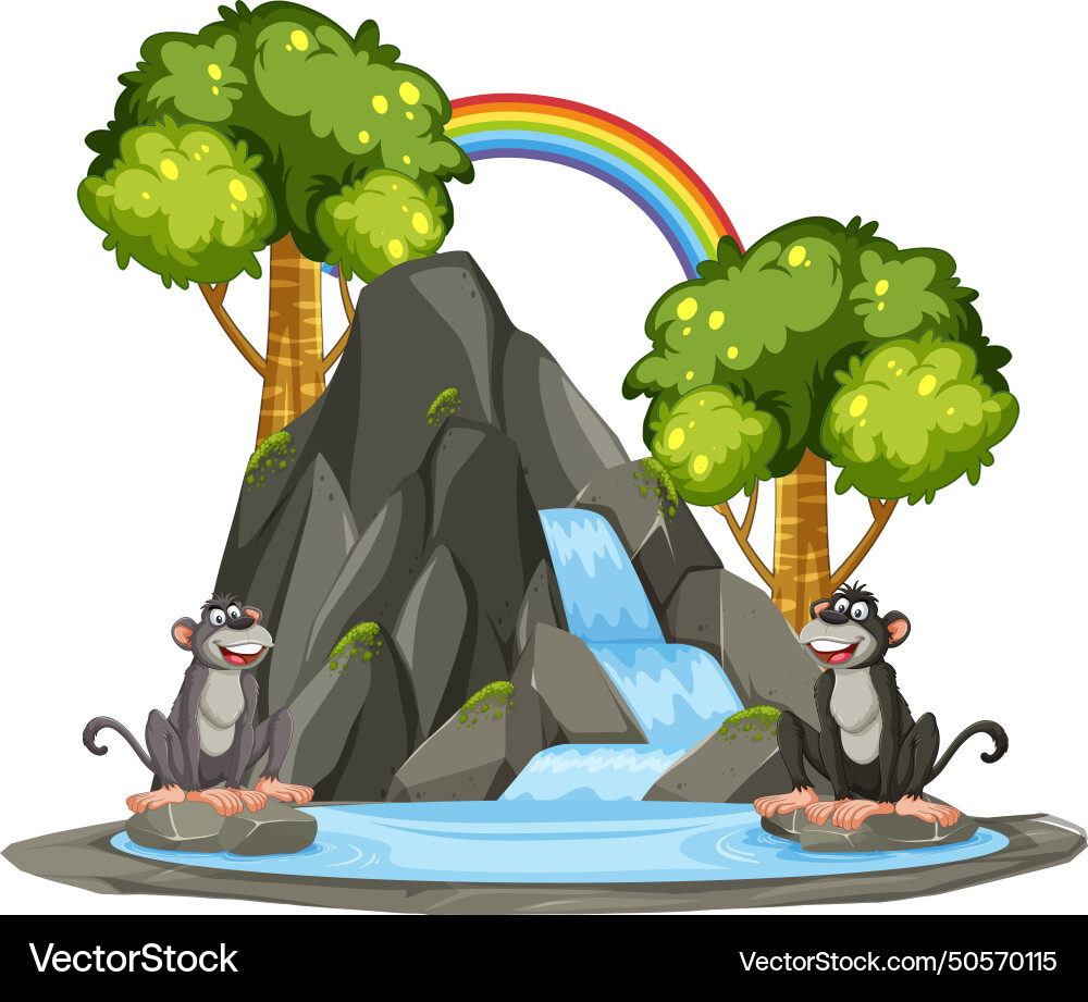 Two happy monkeys sitting by a mountain waterfall Vector Image