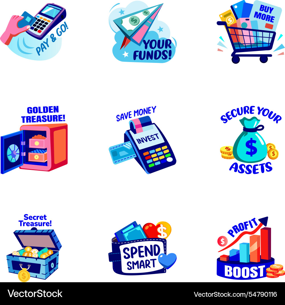 Pack of payments flat style stickers Royalty Free Vector