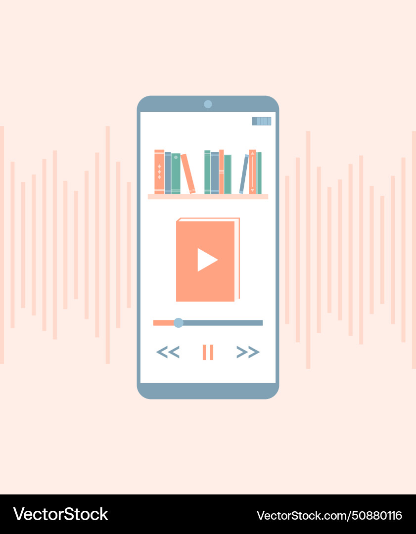 Smartphone with audiobook app and bookshelf Vector Image