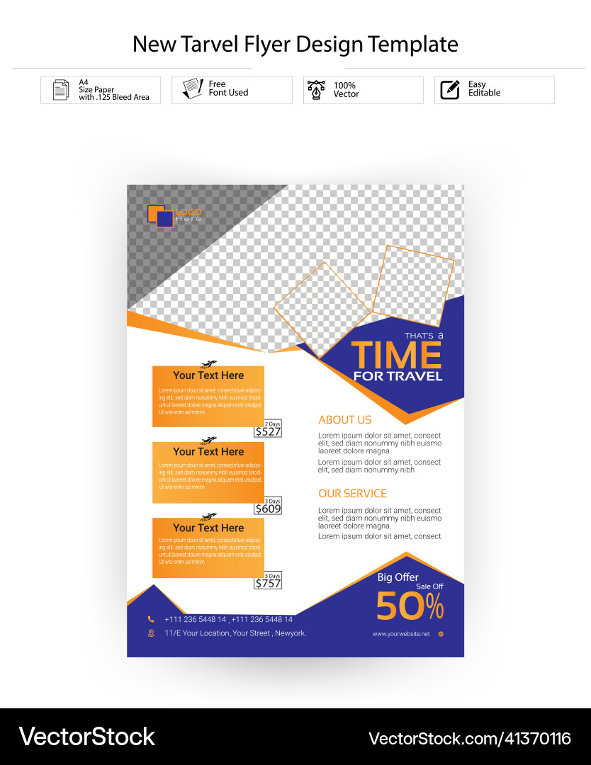 Travel agency flyer design template Royalty Free Vector