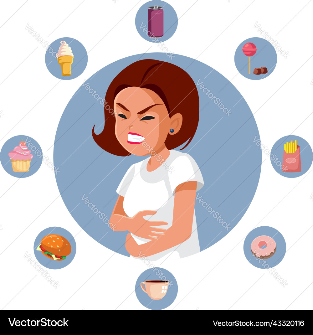 Woman eating fast food feeling constipated Vector Image