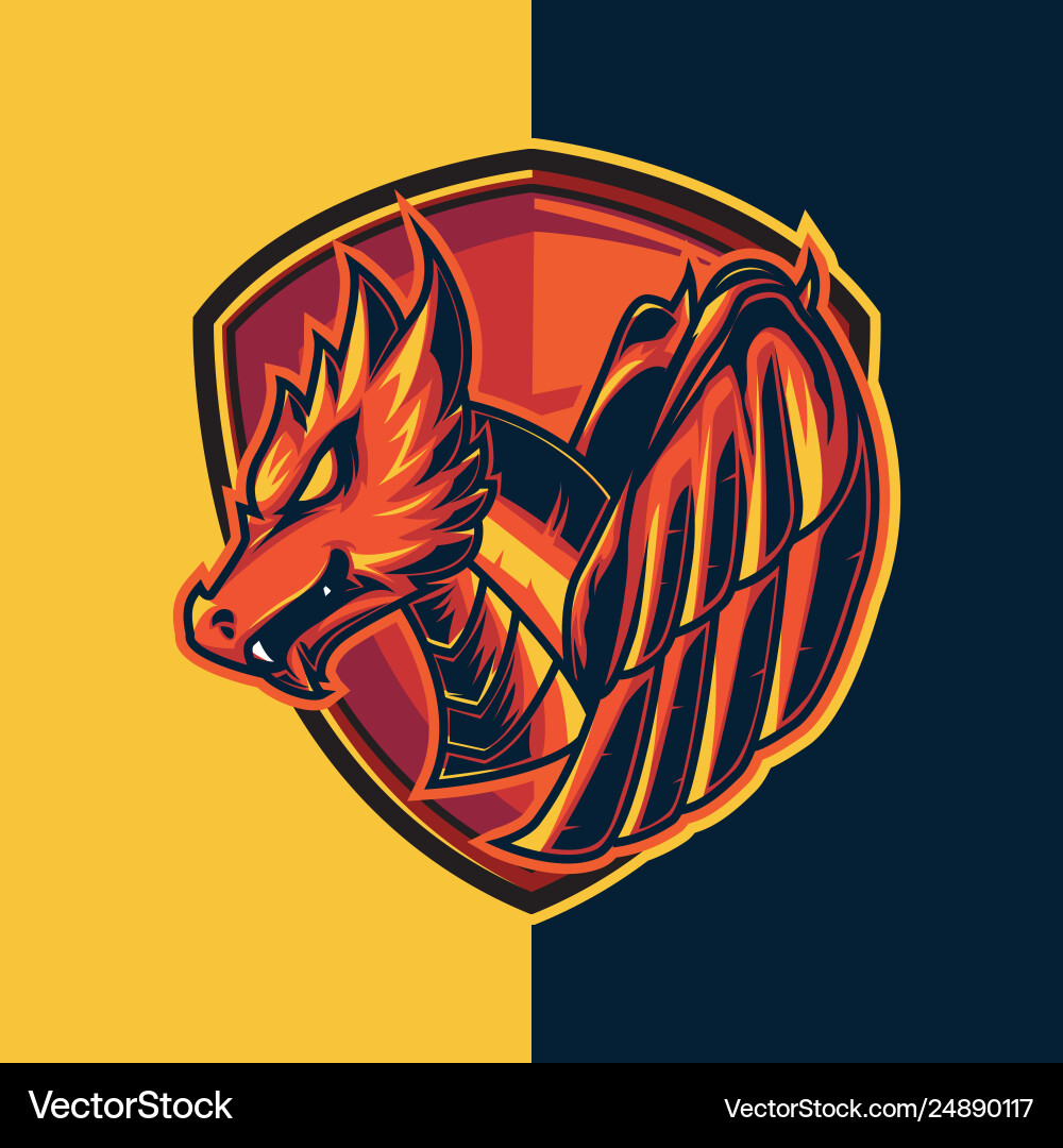 Esport gaming logo with red dragon and shield Vector Image