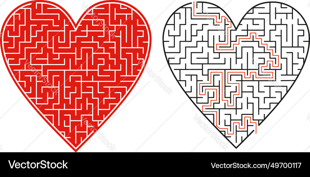 Red heart maze with solution path Royalty Free Vector Image