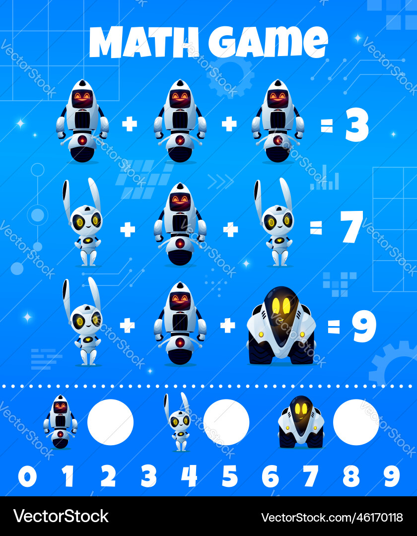 Cartoon droids and robots math game worksheet Vector Image