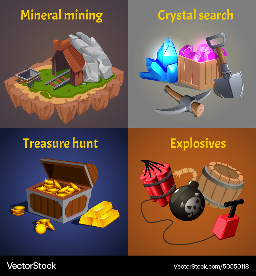 Cartoon mining game design icon set Royalty Free Vector
