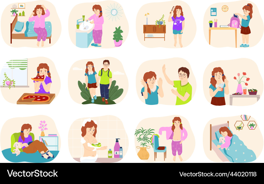 Child daily routine flat icons Royalty Free Vector Image