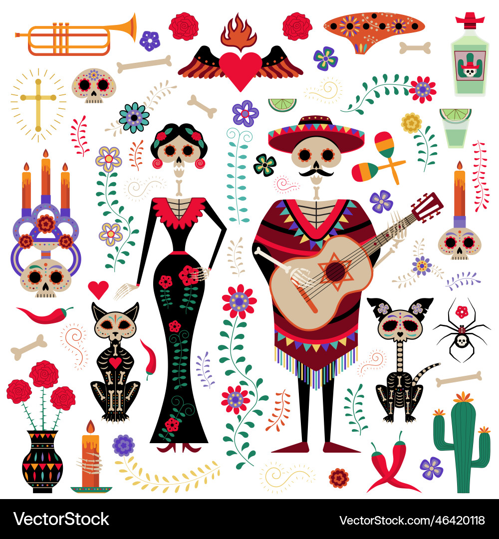 Mexico day of the dead design elements set Vector Image