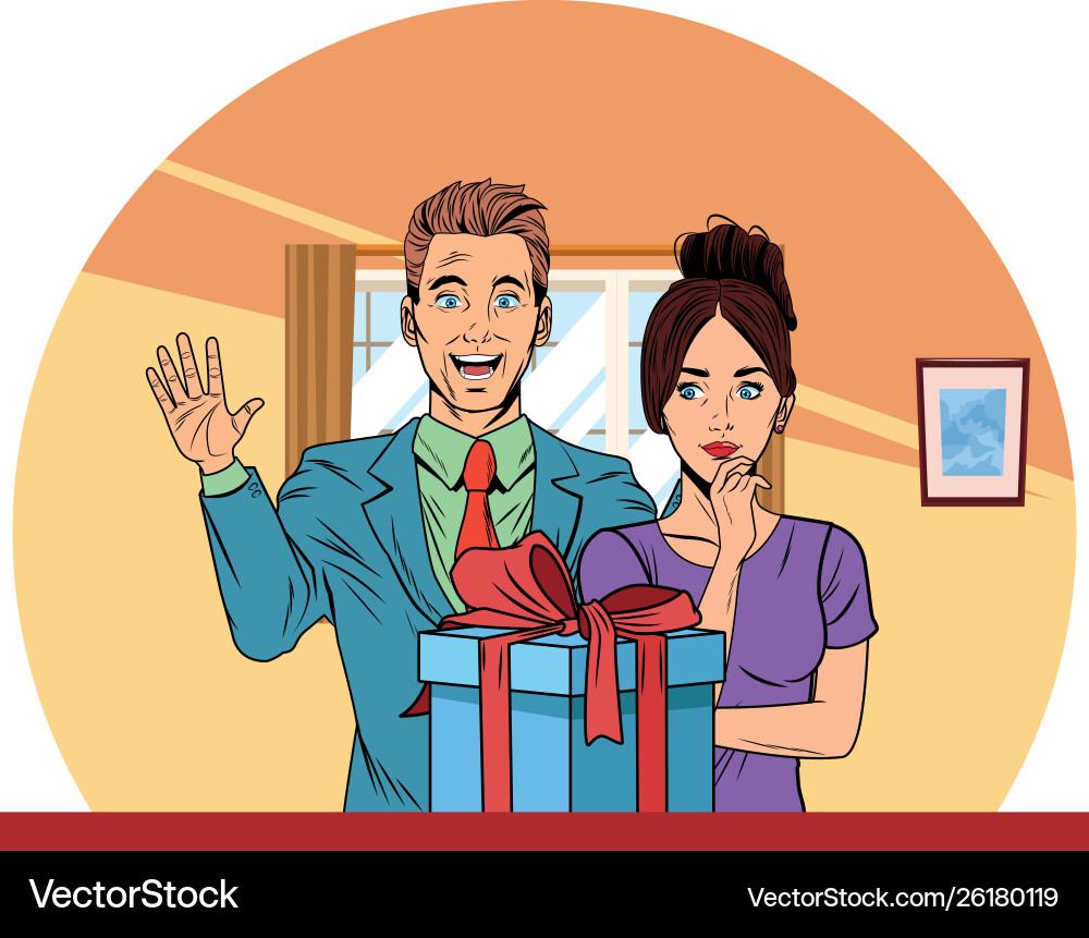 Couple avatar with gift box pop art Royalty Free Vector