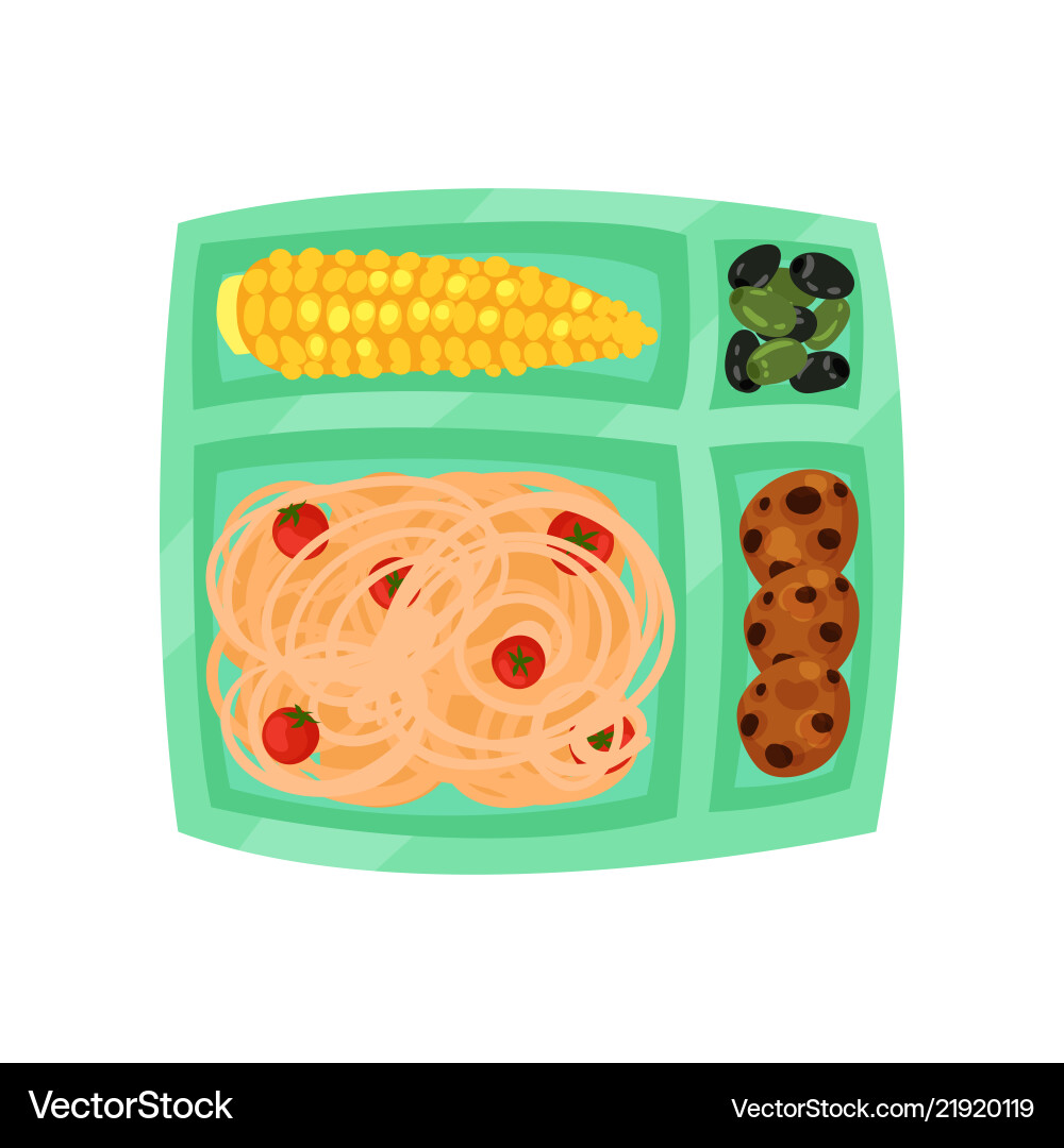 Plastic tray with food spaghetti tomatoes Vector Image