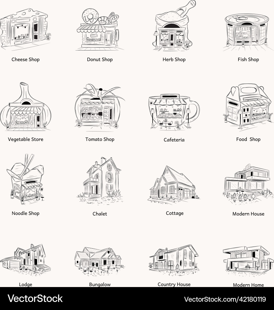 Set of buildings hand drawn Royalty Free Vector Image