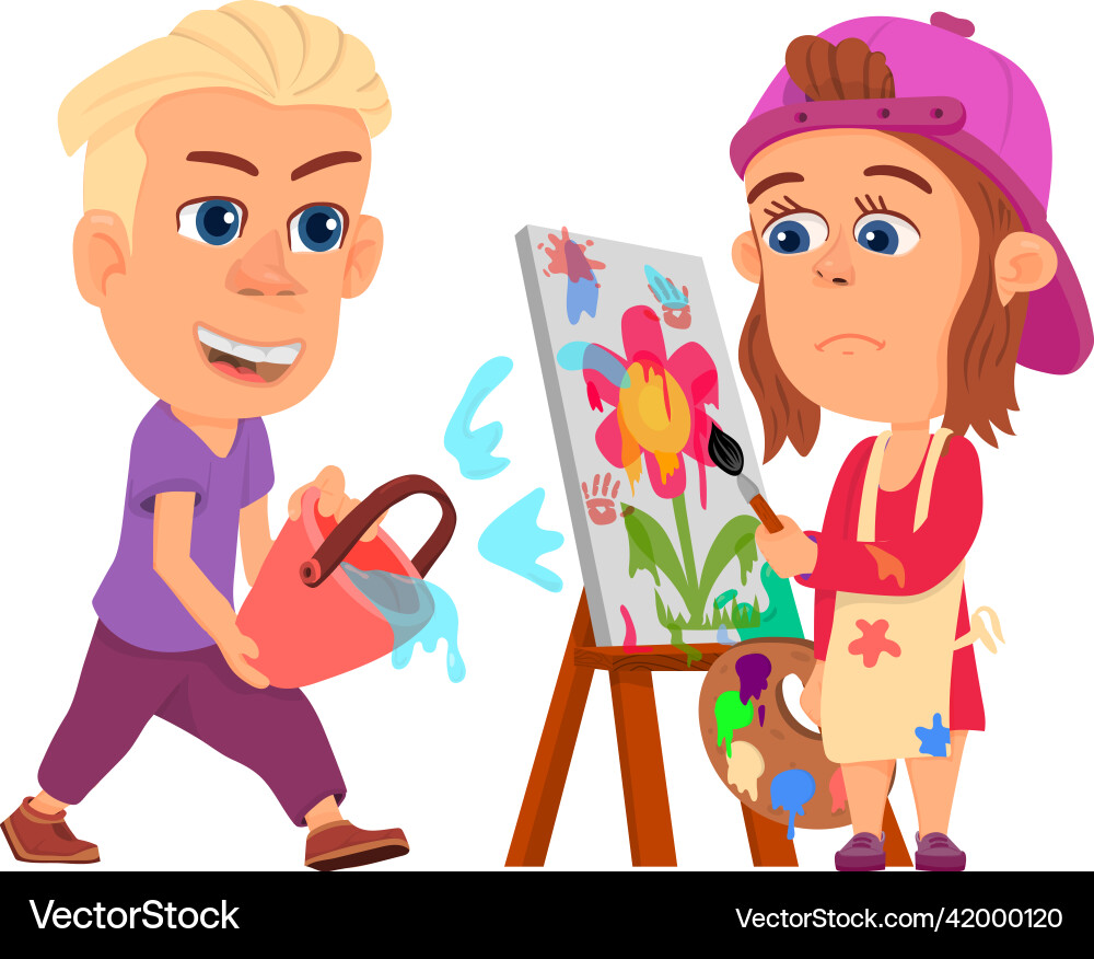 Boy bad behavior kid destroying painting Vector Image