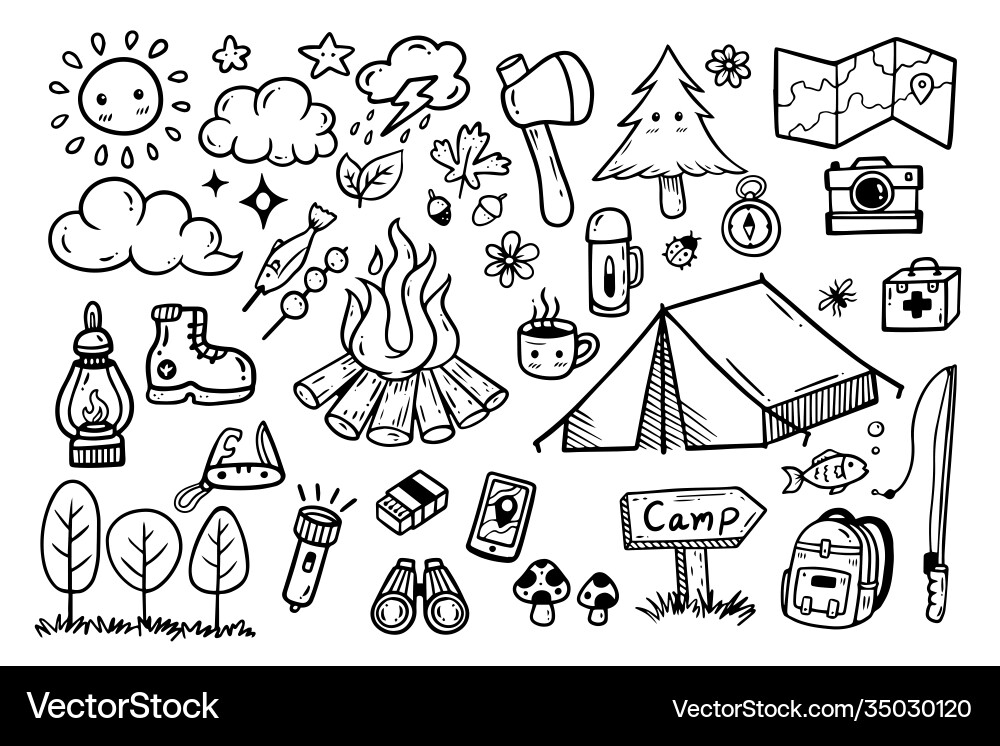 Camping and hiking hand drawn doodle Royalty Free Vector