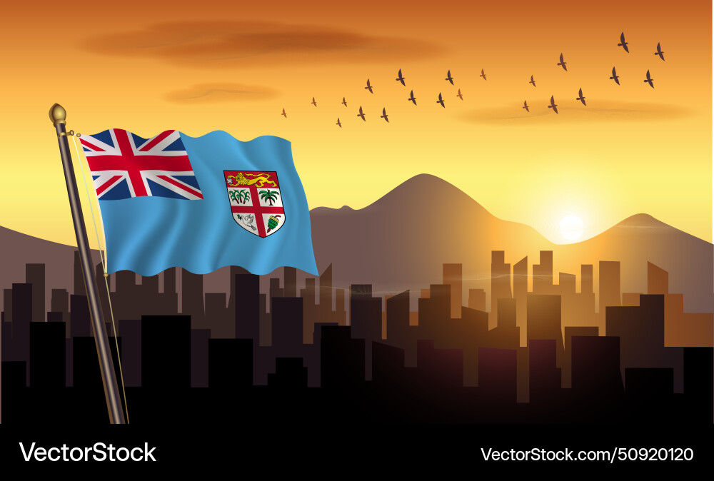 Fiji flag with mountains and sunset Royalty Free Vector