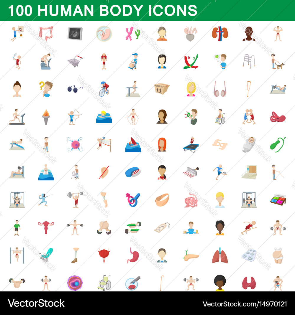 100 human body icons set cartoon style Royalty Free Vector