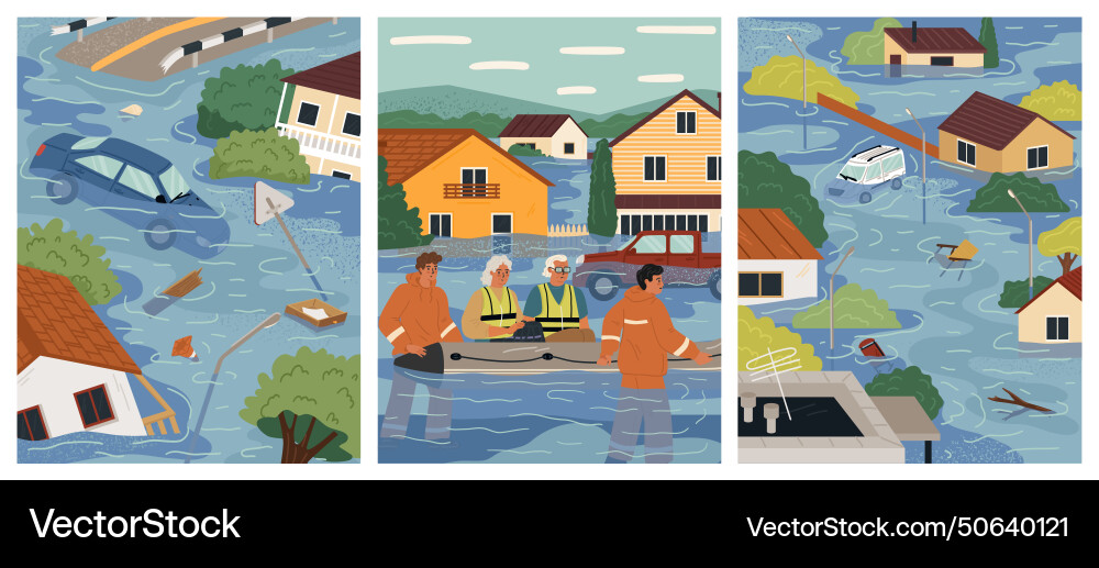 Flood natural disasters scene cartoon set Vector Image