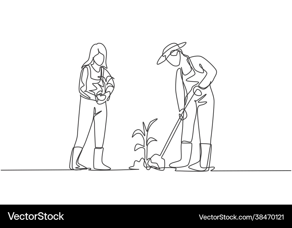 Single continuous line drawing young couple Vector Image