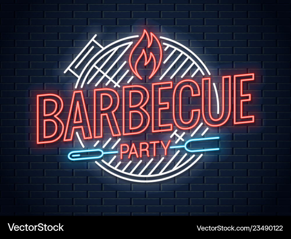 Barbecue grill neon logo bbq sign on wall Vector Image