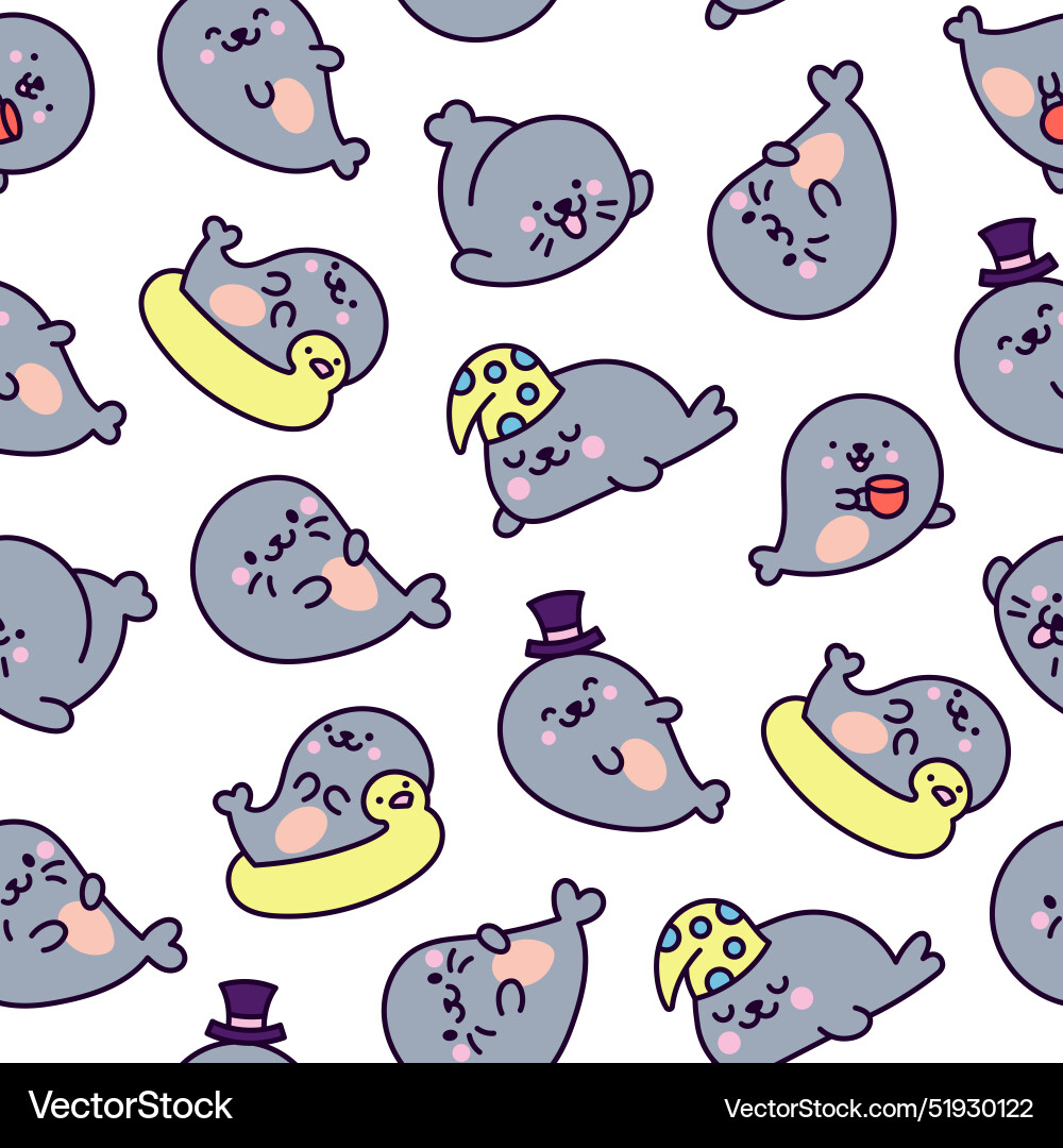 Cute kawaii baby seals seamless pattern funny Vector Image