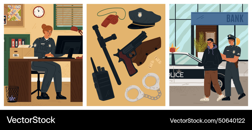 Police department and policeman at work scene Vector Image