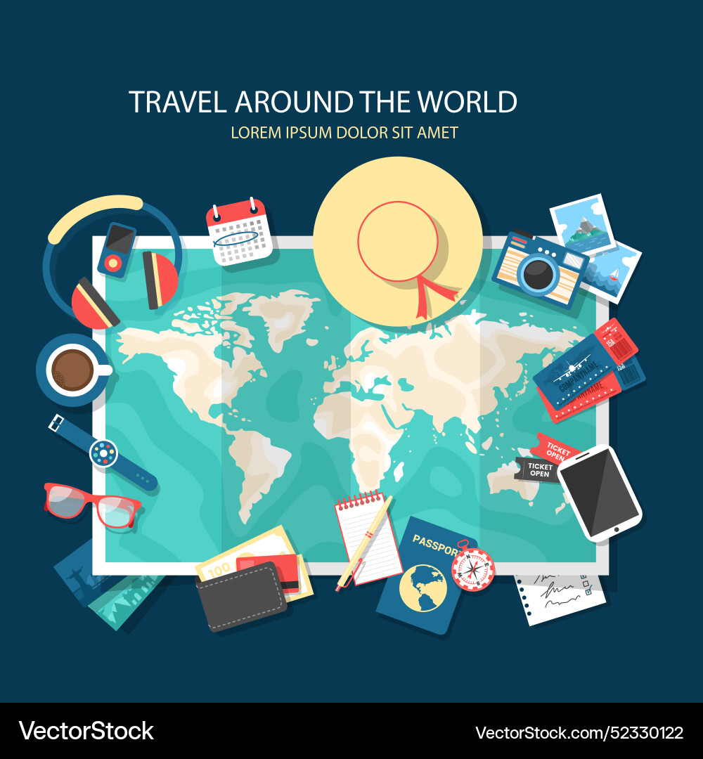 World map and travel elements with flat design Vector Image