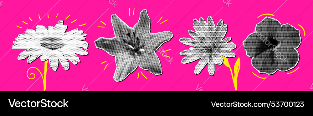 Halftone dotted flowers set collage Royalty Free Vector