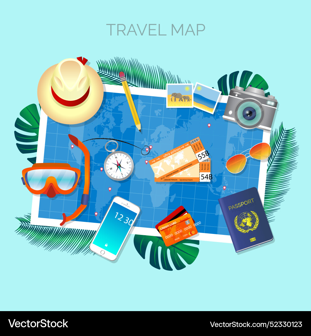 World map and travel elements with flat design Vector Image