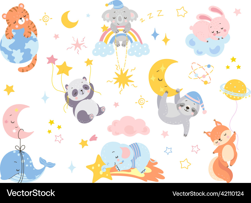 Cute sleeping animals cartoon sleep characters Vector Image