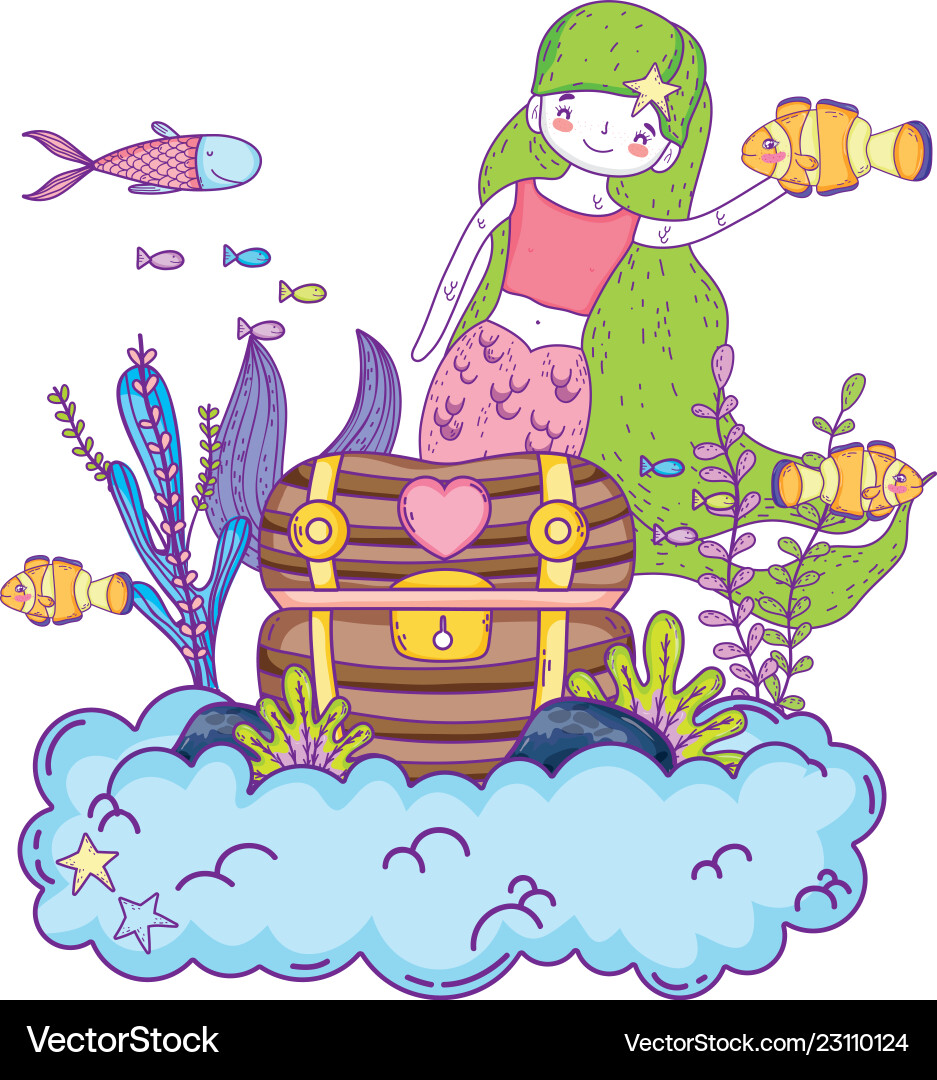Mermaid with treasure chest undersea scene Vector Image