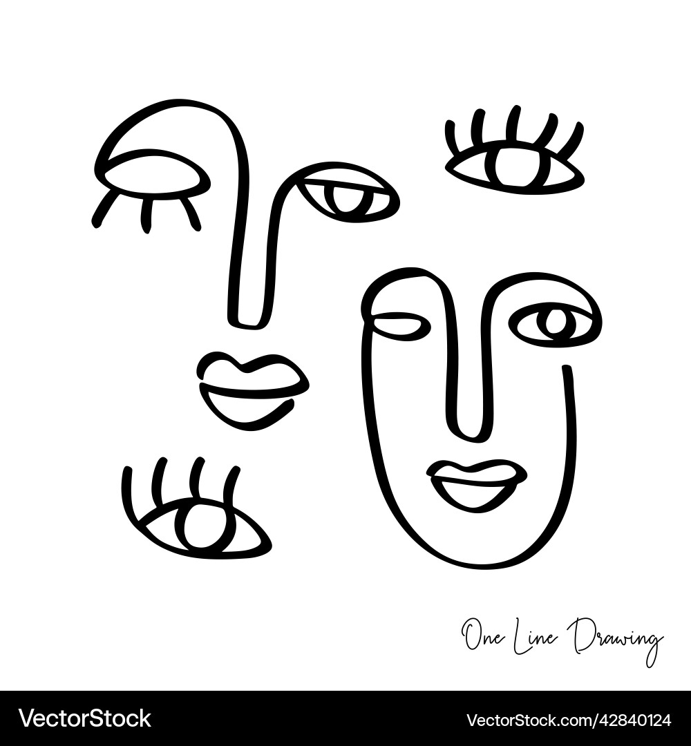 One line drawing people faces linear couple Vector Image