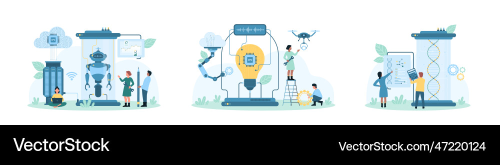 Science technology of future set tiny people Vector Image