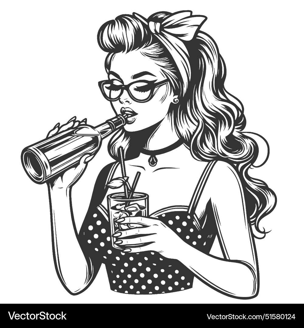 Woman drinking alcohol engraving sketch Royalty Free Vector