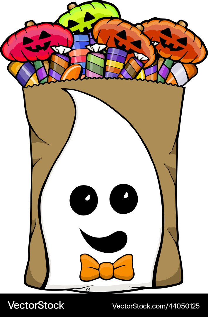 Cartoon ghost face on a sack filled with candy Vector Image