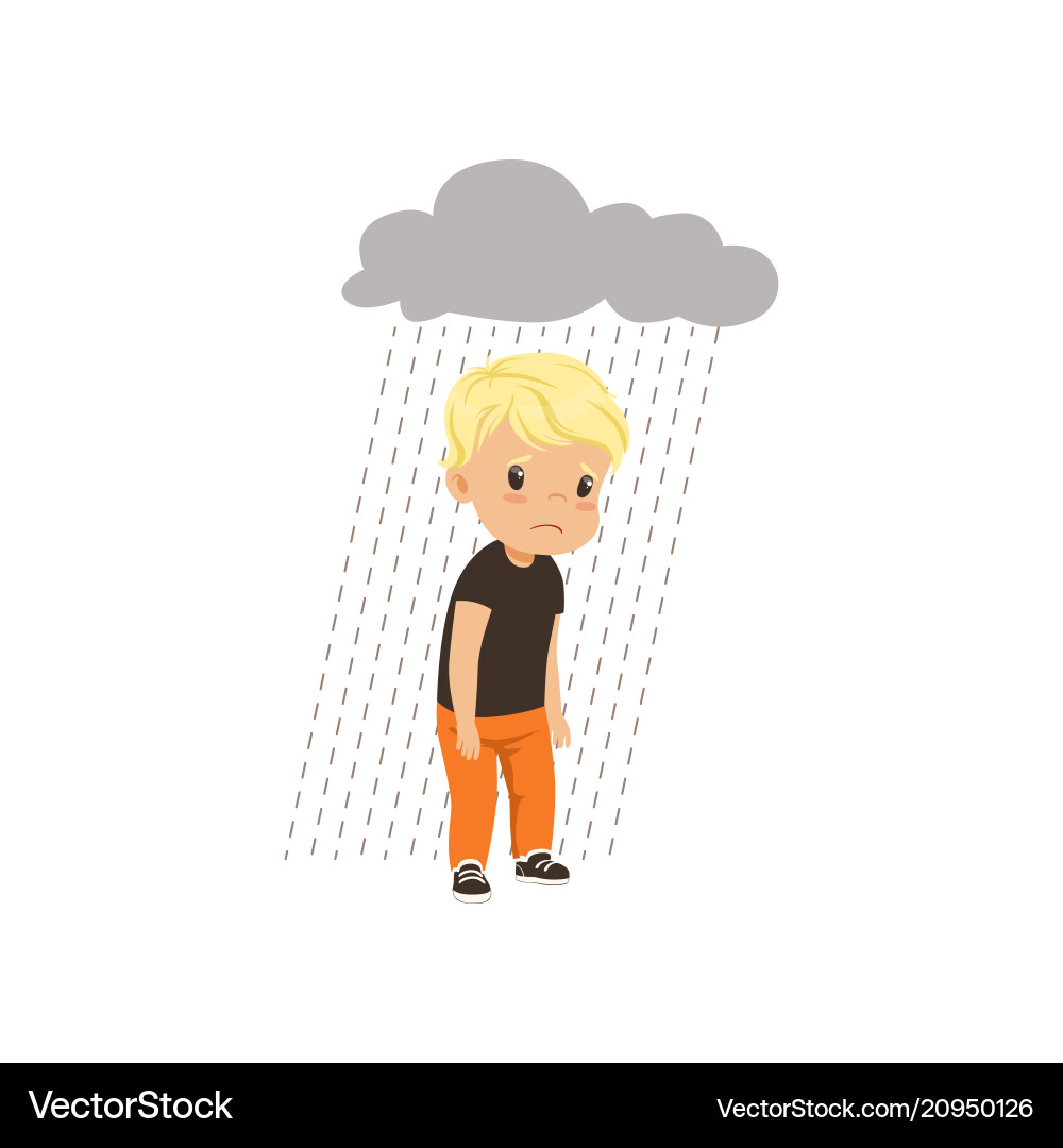 Sad boy standing under stormy rainy clouds Vector Image