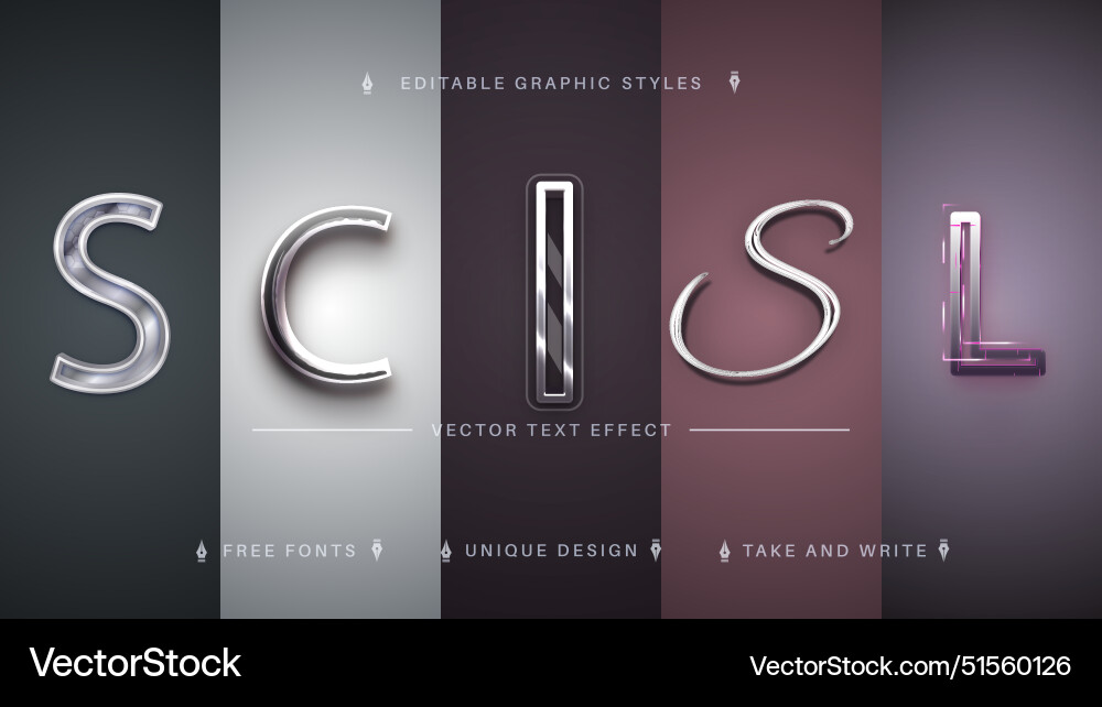 Set 5 realistic metal editable text effects font Vector Image