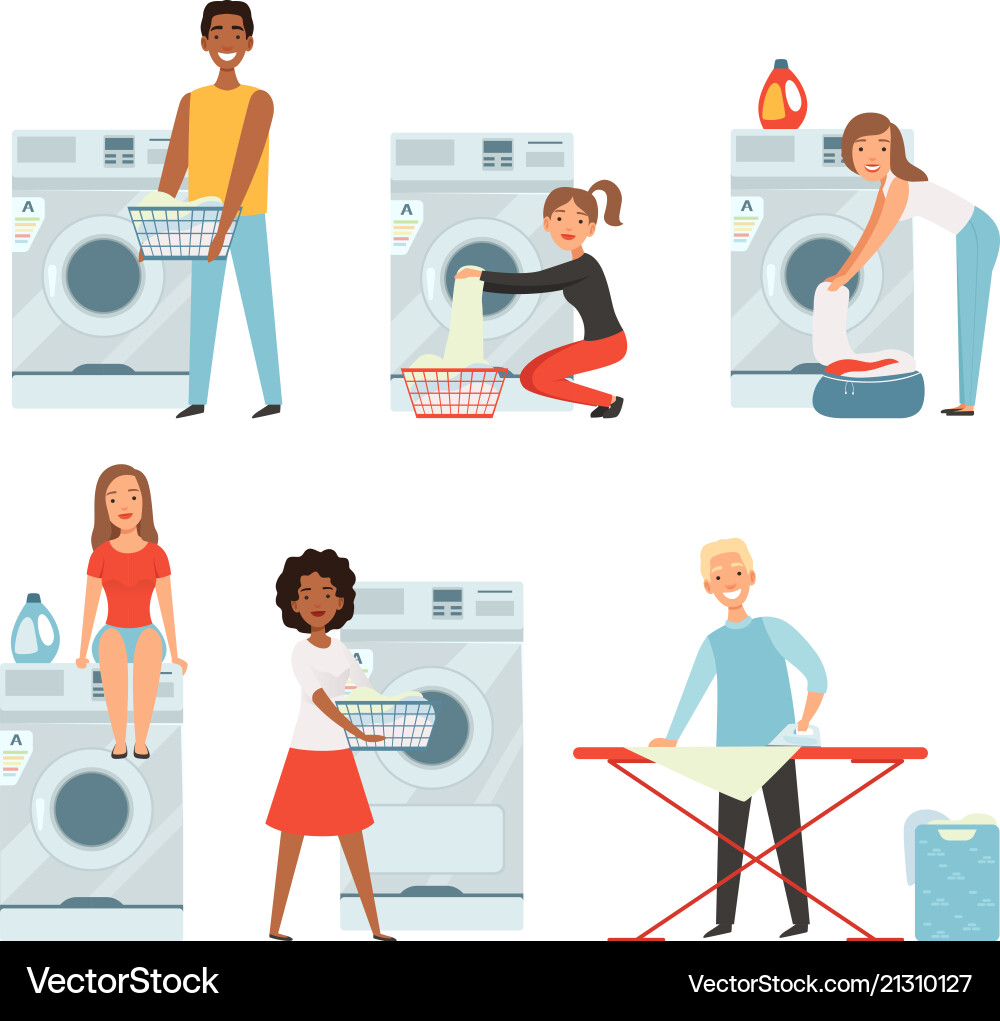 Female characters in laundry pictures set Vector Image