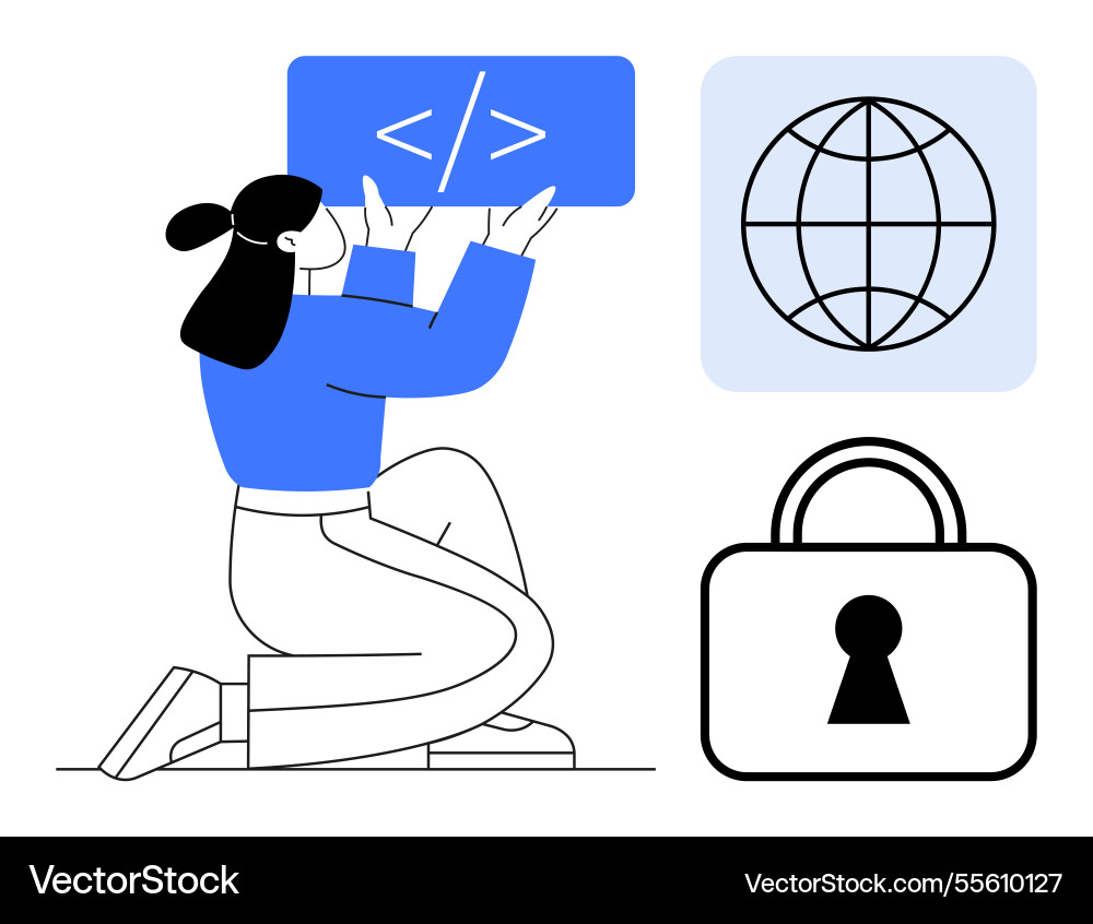Woman holding coding symbol with globe and lock Vector Image