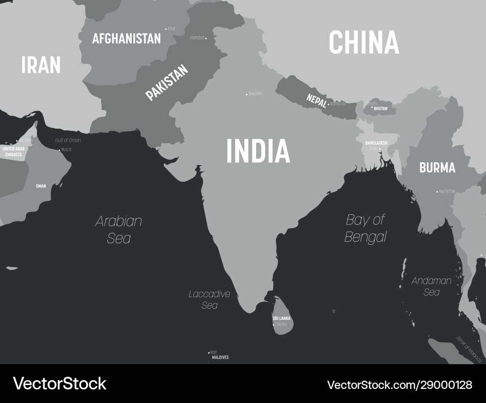 South asia map - grey colored on dark background Vector Image