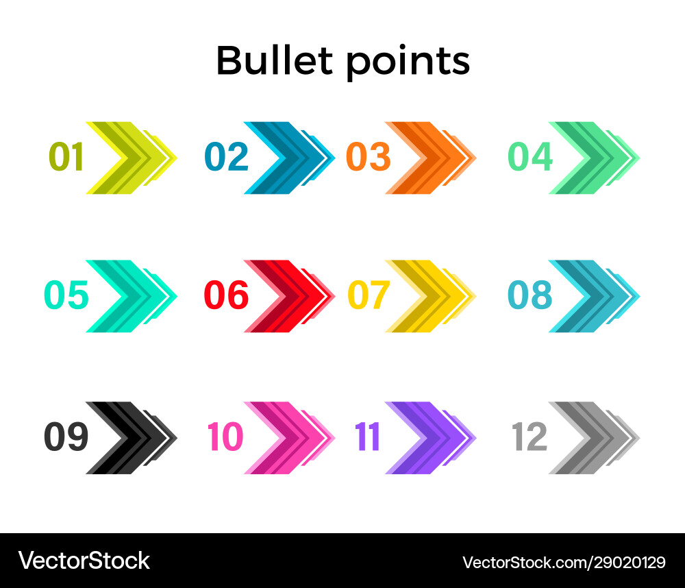 Colorful bullet points arrows Royalty Free Vector Image