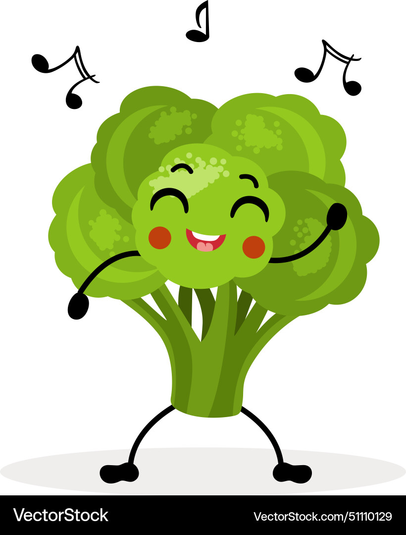 Funny broccoli mascot dancing to music Royalty Free Vector