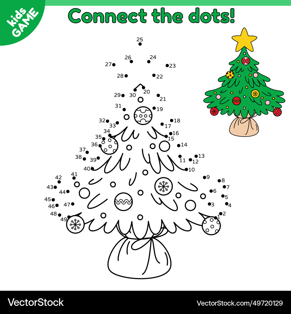 Kids game connect the dots and draw christmas tree