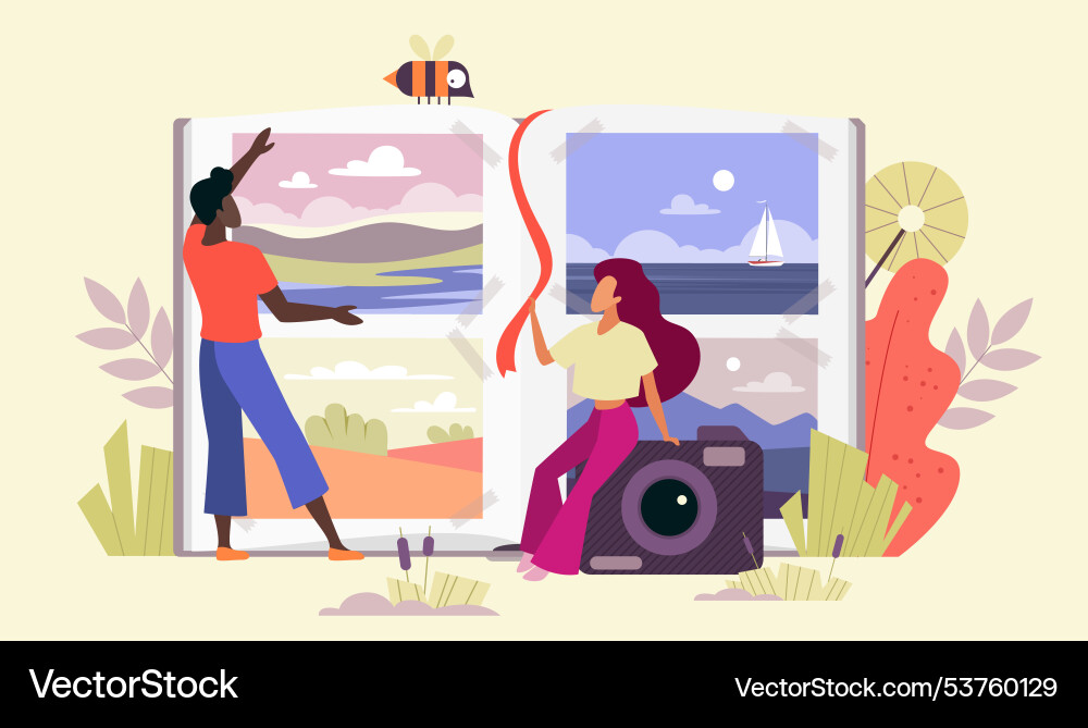 Memory photo album tiny characters remember Vector Image