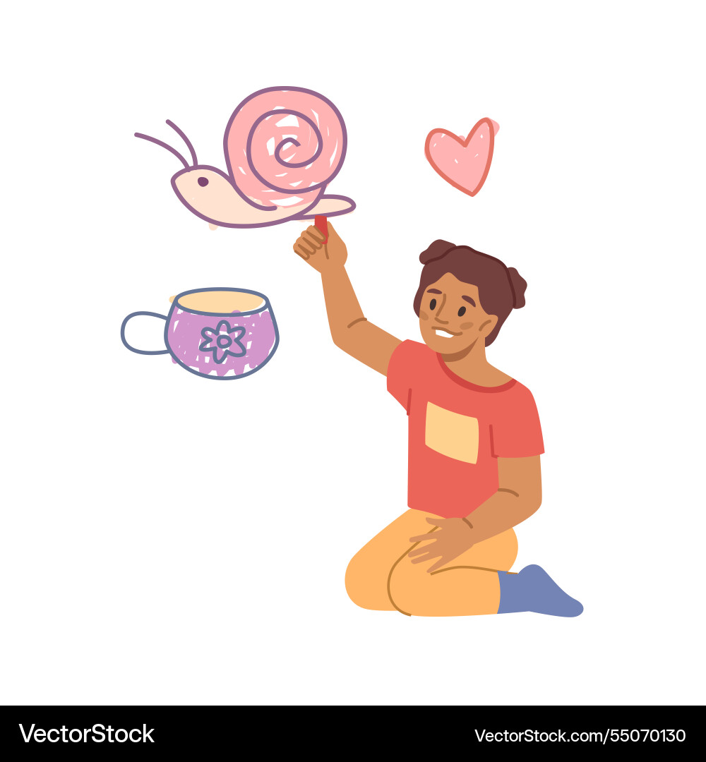 Boy sitting on knees drawing with chalk wall Vector Image