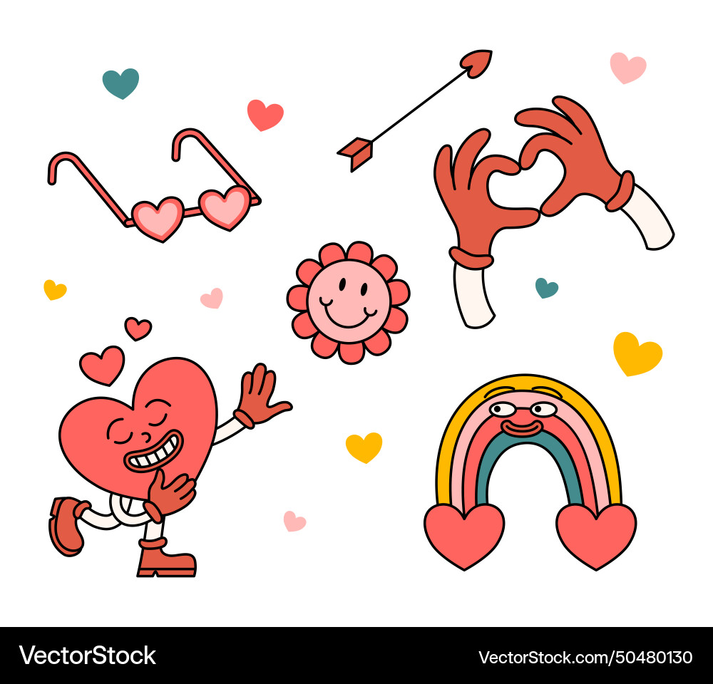 Cartoon color groovy valentines day elements set Vector Image