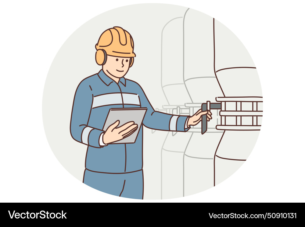 Man working at factory holds electronic tablet Vector Image