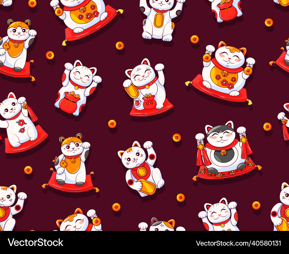 Maneki neko japanese cat seamless pattern various Vector Image